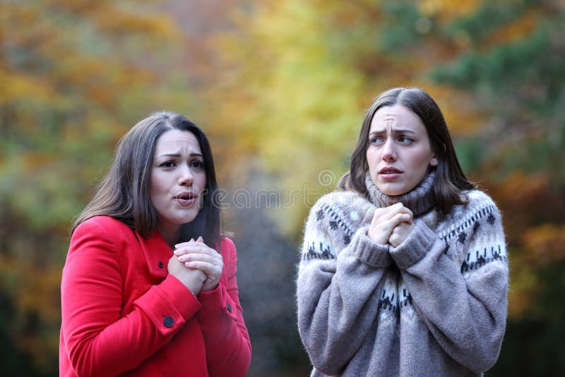 Two Women Getting Cold in a Park in Autumn Stock Photo - Image of ...