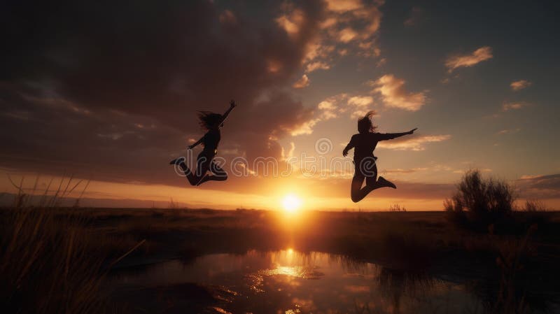 Two Women Jump in the Sunset. Generative Ai Stock Image - Image of ...