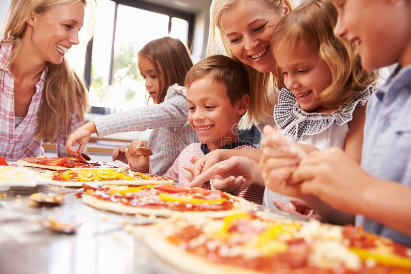 Two Women Making Pizza with Kids Stock Image - Image of child, adult ...