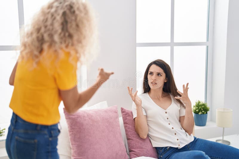 Two Women Mother and Daughter Arguing at Bedroom Stock Photo - Image of ...