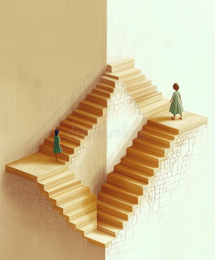 Two Women Navigating an Impossible Staircase in a Surreal Setting ...