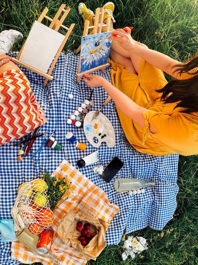 Two Women Paint Pictures at a Picnic Stock Image - Image of bonding ...