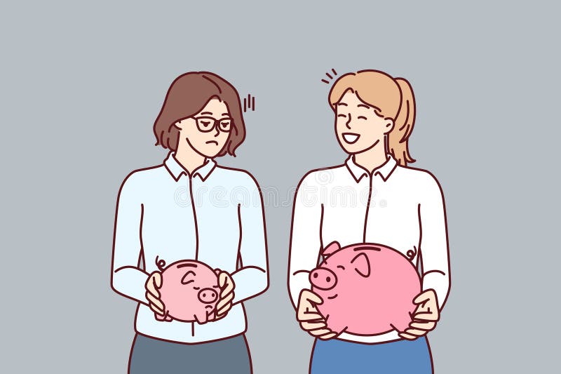 Two Women with Piggy Banks for Money of Various Sizes for Concept of ... Two Women with Piggy Banks for Money of Various Sizes for Concept of ...