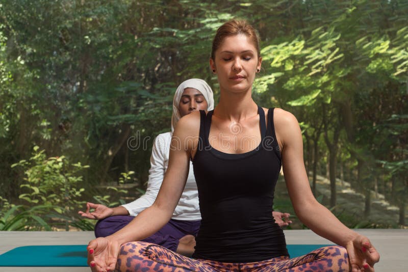 Two Women Practicing Yoga stock image. Image of body - 66759759