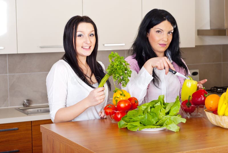 Two Women Prepare the Dinner Stock Photo - Image of lettuce, interior ...