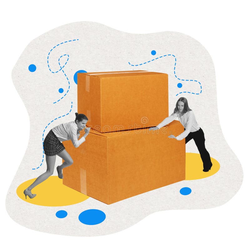 Two Women Pushing Carton Boxes with Drawn Routine Lines Above. Managing ...