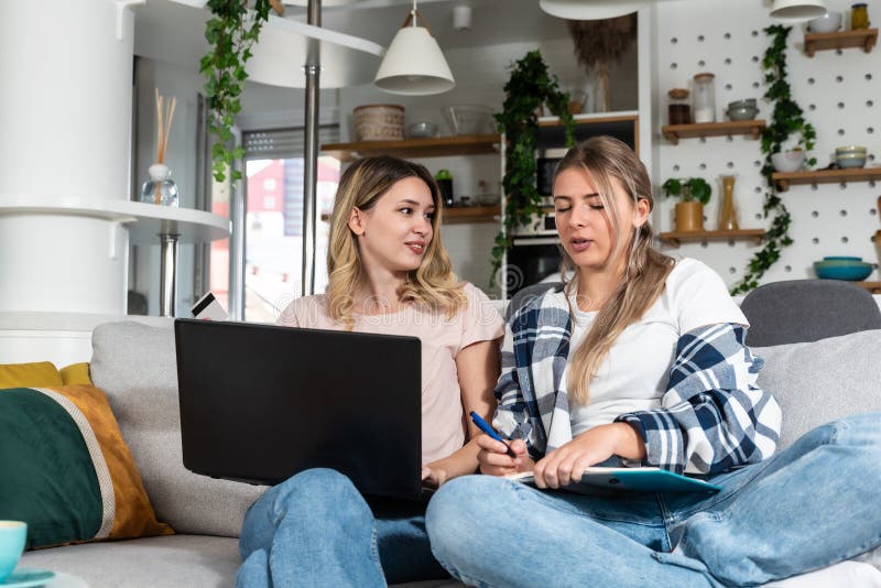 Two Women Roommates, Small Company Owners, Working at Home on Laptop ...