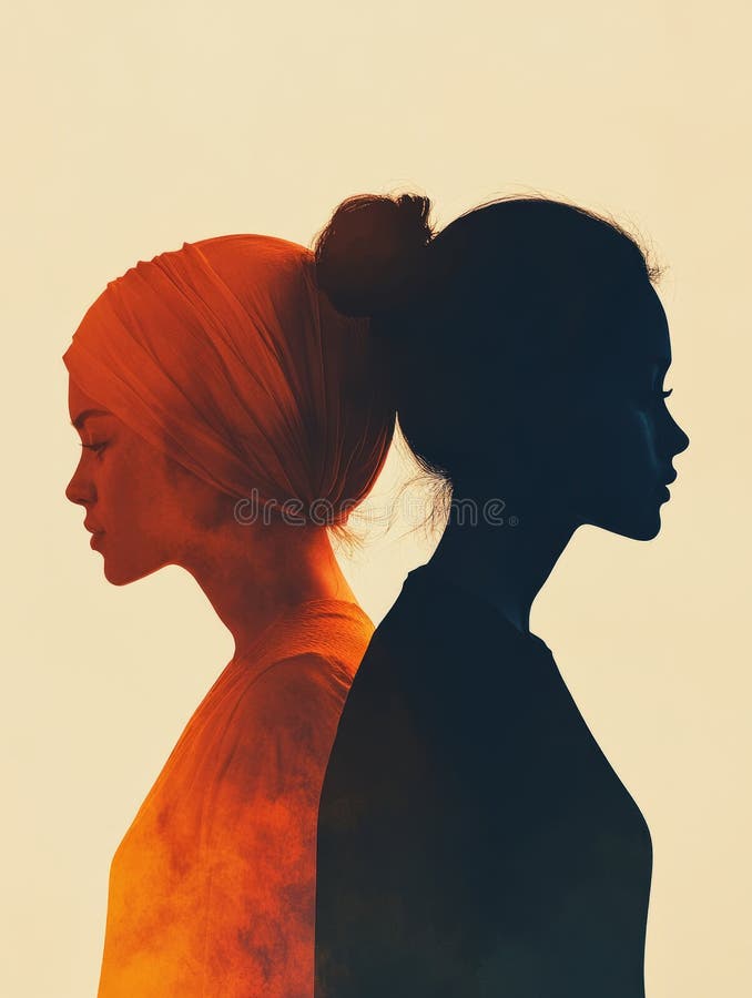 Two Women S Silhouettes Facing Opposite Directions Stock Photo - Image ...