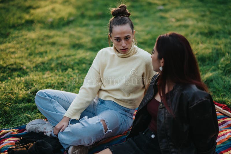 Two Young Women Having an Intense Conversation while Sitting Outdoors ...