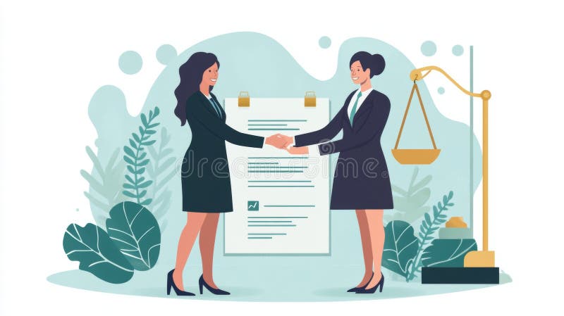 Two Women Shaking Hands Over a Legal Document Stock Illustration ...