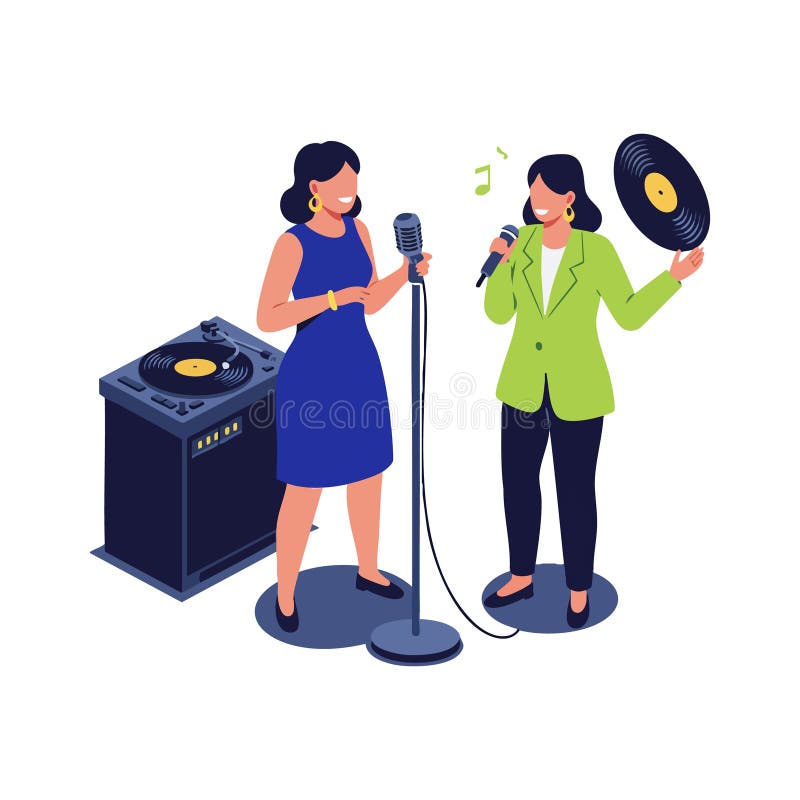 Two Women Singing and Playing Vinyl Record with Microphone and ...