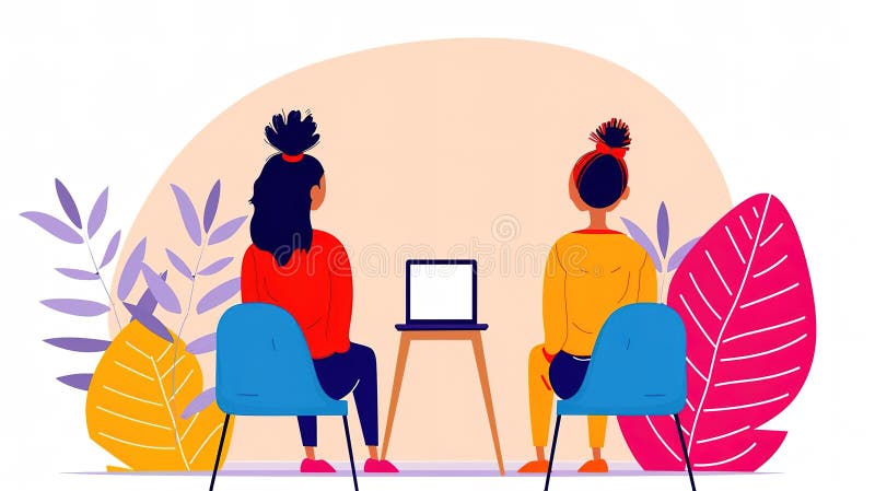 Two Women Sitting Back To Back, Facing a Laptop Screen Stock ...