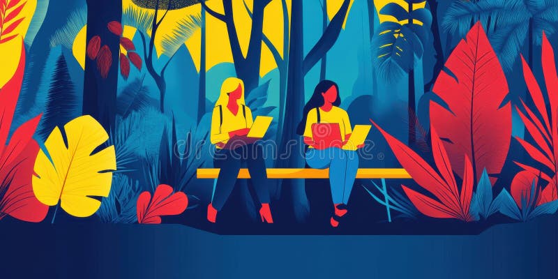 Two Women Sitting on a Bench with Laptops in a Stylized Forest Setting ...
