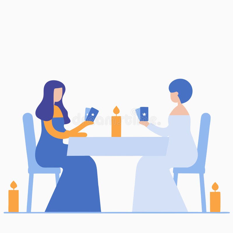 Two Women Sitting at a Table Playing Cards Stock Illustration ...