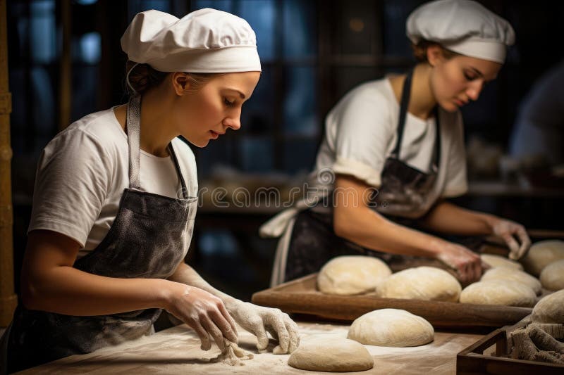 Two Women Stand Side by Side As they Face a Large Mound of Dough in ...