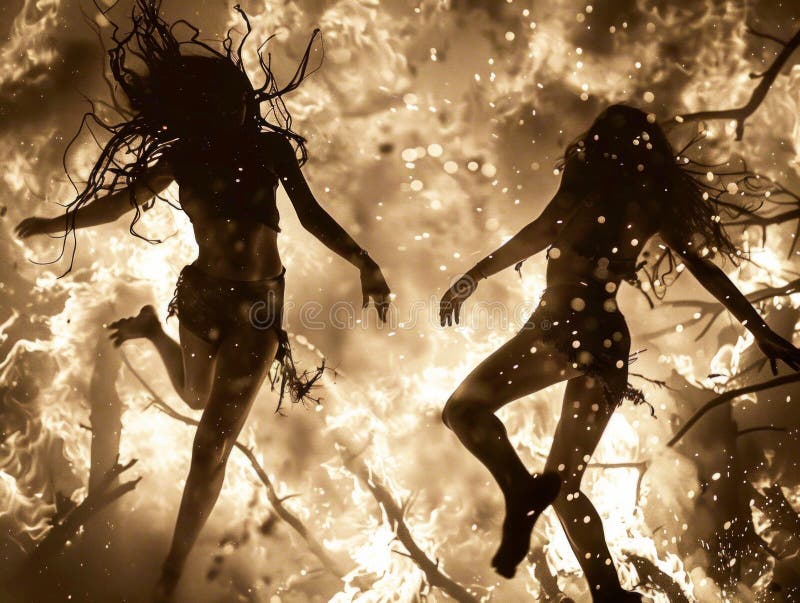 Two Women Stand Silhouetted in Front of a Crackling Fire, Their Figures ...