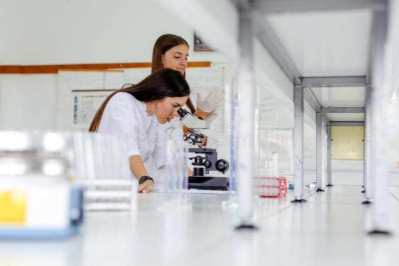 Two Women Studying Samples with a Microscope in a Lab Stock Image ...