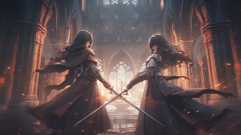 Two Women Sword Fighting - Generative AI Stock Illustration ...