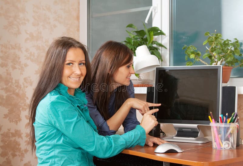 Two Young Women Using Laptop Computer Home Sofa Stock Photo - Image of ...