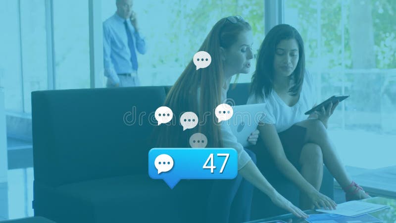 Two Women Using Digital Devices with Chat Bubble Animation Overlaying ...