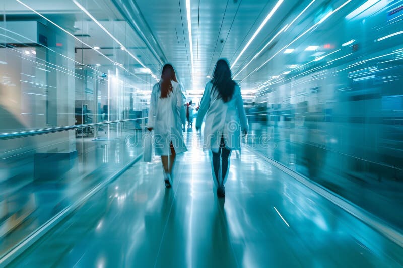 Two Women in White Coats Walk Down a Hallway Stock Image - Image of ...