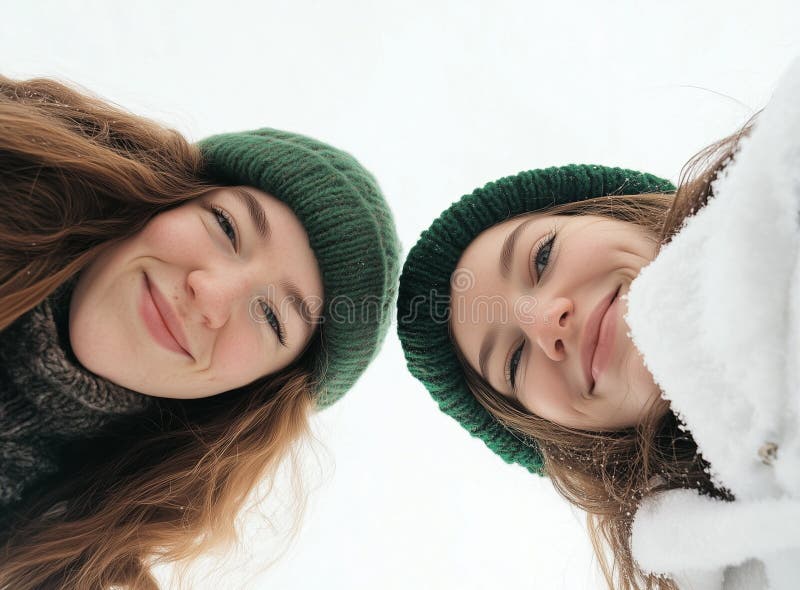 Two Women in Winter , Looking Down at the Camera with Smiles on Their ...