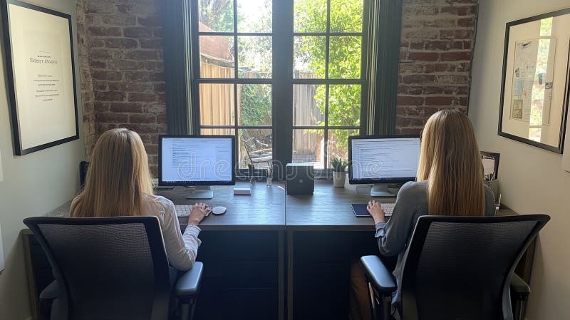 Two Women Working at Dual Desks by a Large Window Stock Illustration ...