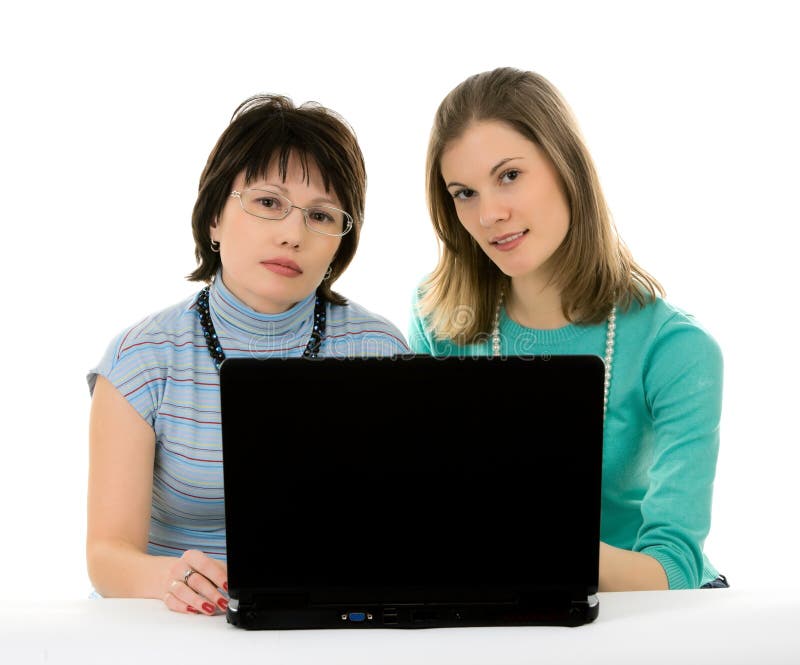 Two Women Working on a Laptop. Isolated on White Stock Photo - Image of ...