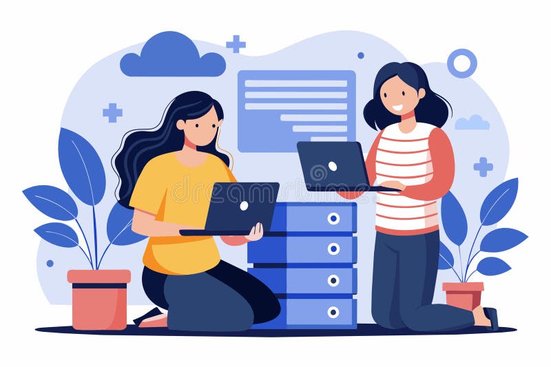 Two Women Working on Laptops in Front of Stack of Files, Two Women ...