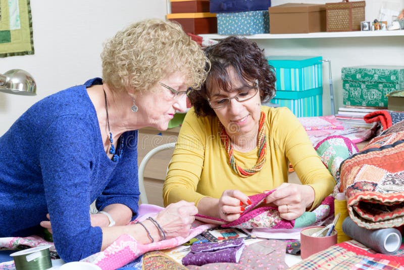 Two Women Working on Their Patchwork Stock Image - Image of fabric ...