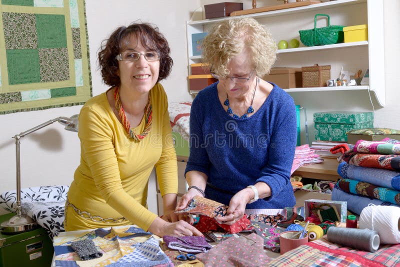 Two Women Working on Their Patchwork Stock Photo - Image of hand ...