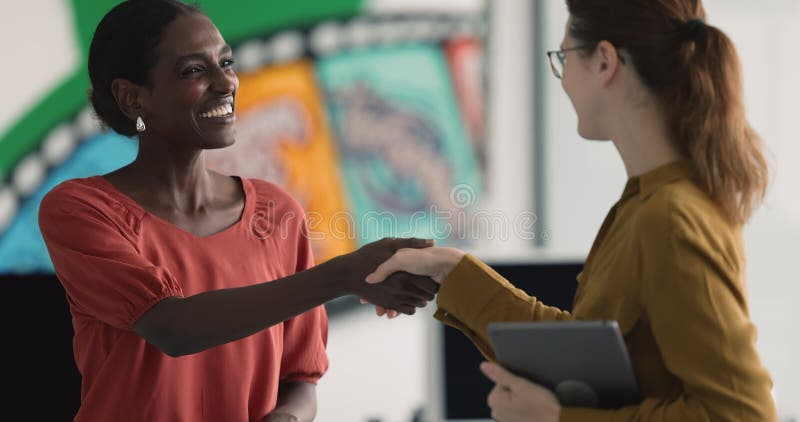 Two Women Workmates Discuss Paperwork, Shake Hands, Express Respect ...