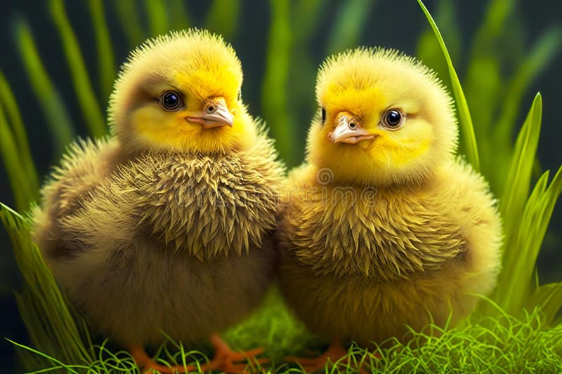 Two Wonderful Yellow Chicks Sit Together on Grass Stock Illustration ...