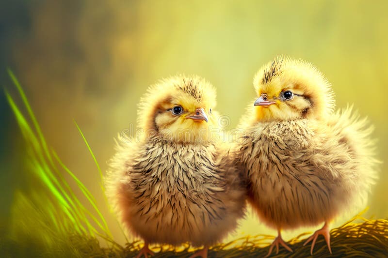 Two Wonderful Yellow Chicks Sit Together on Grass Stock Illustration ...