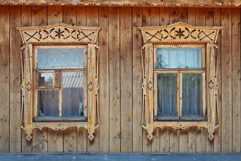 Two Wood Ornate Windows in Russian Old Style Stock Photo - Image of ...