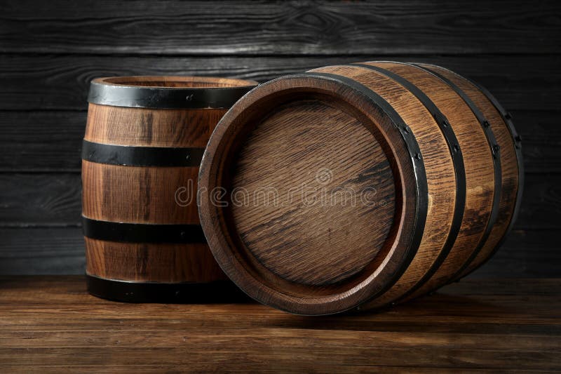Two Wooden Barrels on Table Stock Image - Image of plank, drink: 281045437