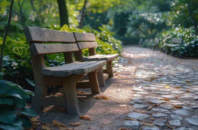 Two Wooden Benches in a Landscape with Plants in the Background Stock ...