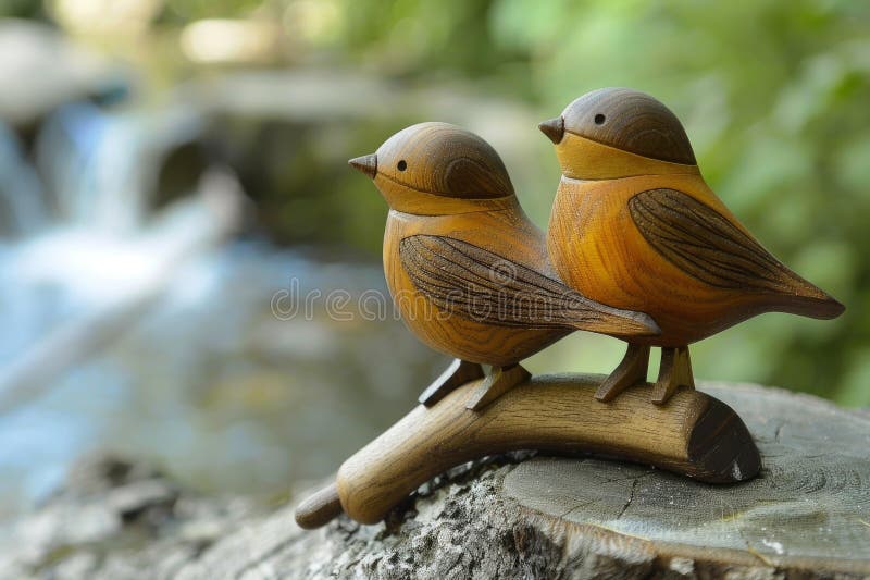 Two Wooden Birds Sitting on Branch with Blurred Waterfall Background ...