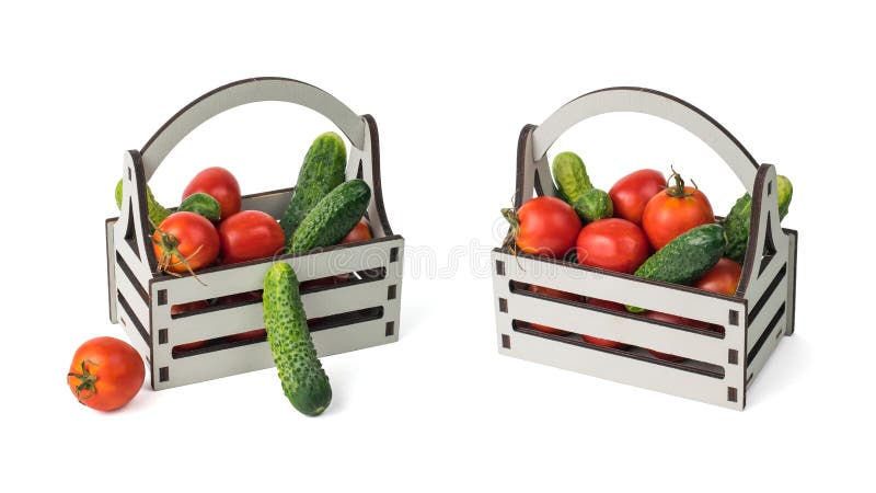 Two Wooden Boxes with Cucumbers and Tomatoes Isolated on a White ...