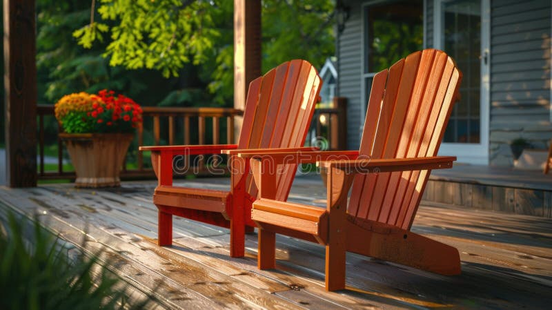 Two Wooden Chairs Sit on a Wooden Deck Stock Image - Image of chairs ...