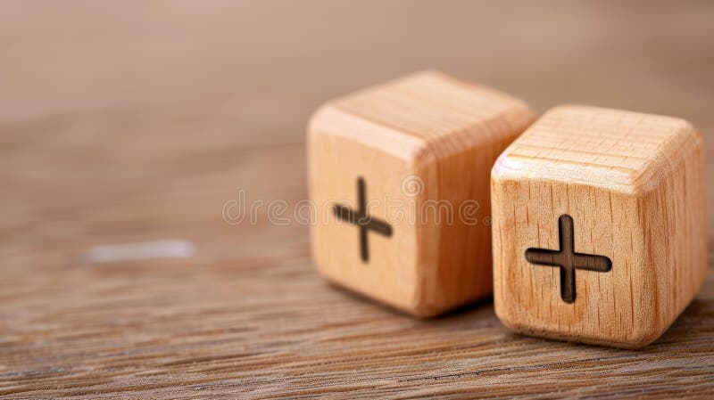 Two Wooden Cubes Sit on a Table, One Marked with a Plus Sign ...