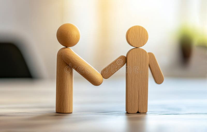Two Wooden Figures Shake Hands. Business Agreement Concept Stock ...
