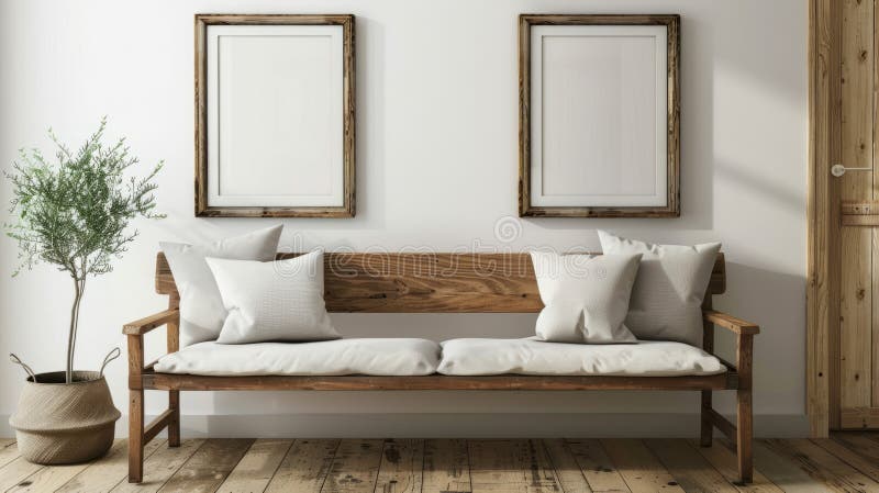 Two Wooden Frames Hang Above Rustic Bench Stock Image - Image of sofa ...