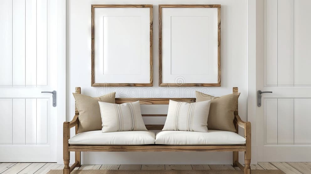 Two Wooden Frames Hanging Above Bench Stock Photo - Image of room ...