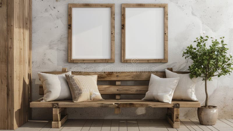 Two Wooden Frames Hanging Above Rustic Bench Stock Image - Image of ...