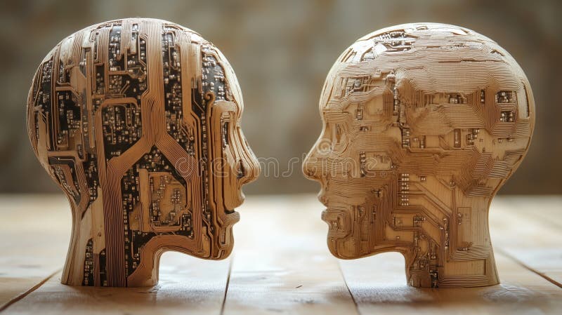 Two Wooden Heads with Intricate Circuit Patterns Facing Each Other ...