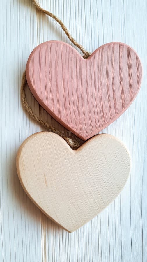 Two Wooden Hearts Hanging on a Rustic String Against a Light Wooden ...