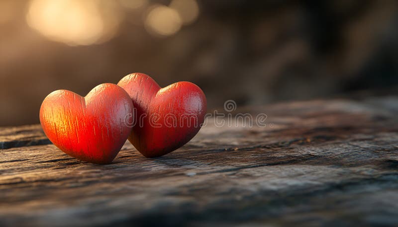 Two Wooden Hearts on Rustic Table with Sunlight Stock Image - Image of ...