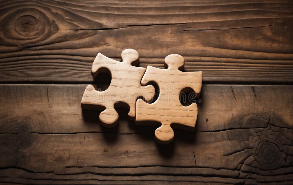 Two Wooden Jigsaw Puzzle Pieces Connecting on Rustic Wood Table Stock ...