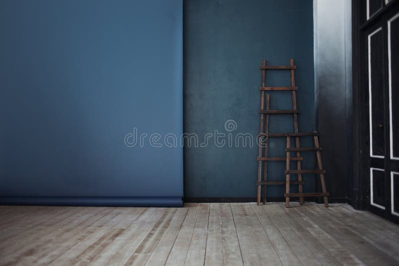 Two Wooden Ladder, Near Dark Blue Wall, Perspective Stock Image - Image ...